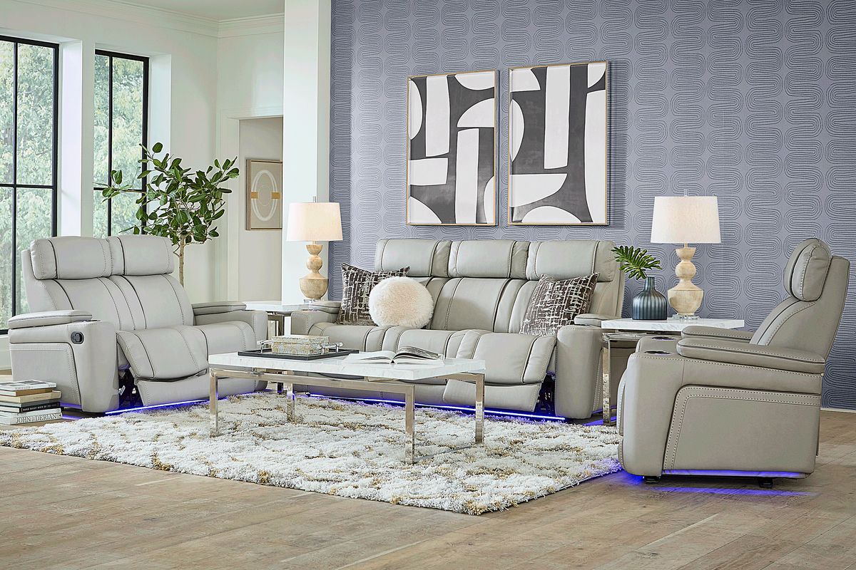 Haven Point 5 Pc Platinum Beige Microfiber Dual Power Reclining Living Room Set With Dual Power ...