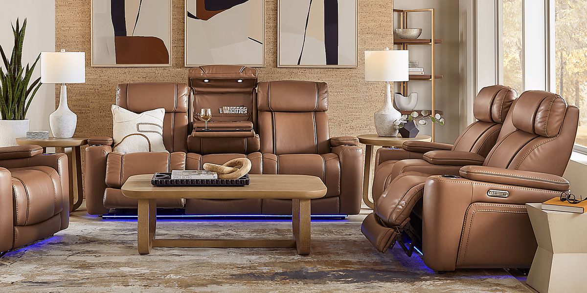 Haven Point 5 Pc Saddle Brown Microfiber Dual Power Reclining Living ...