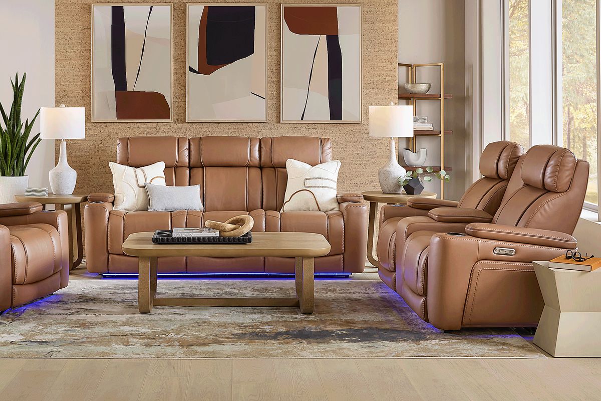 Haven Point 7 Pc Saddle Brown Microfiber Dual Power Reclining Living ...