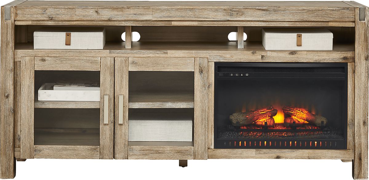 Hidden Springs II Natural Light Wood 72 in. Console With Log Fireplace ...