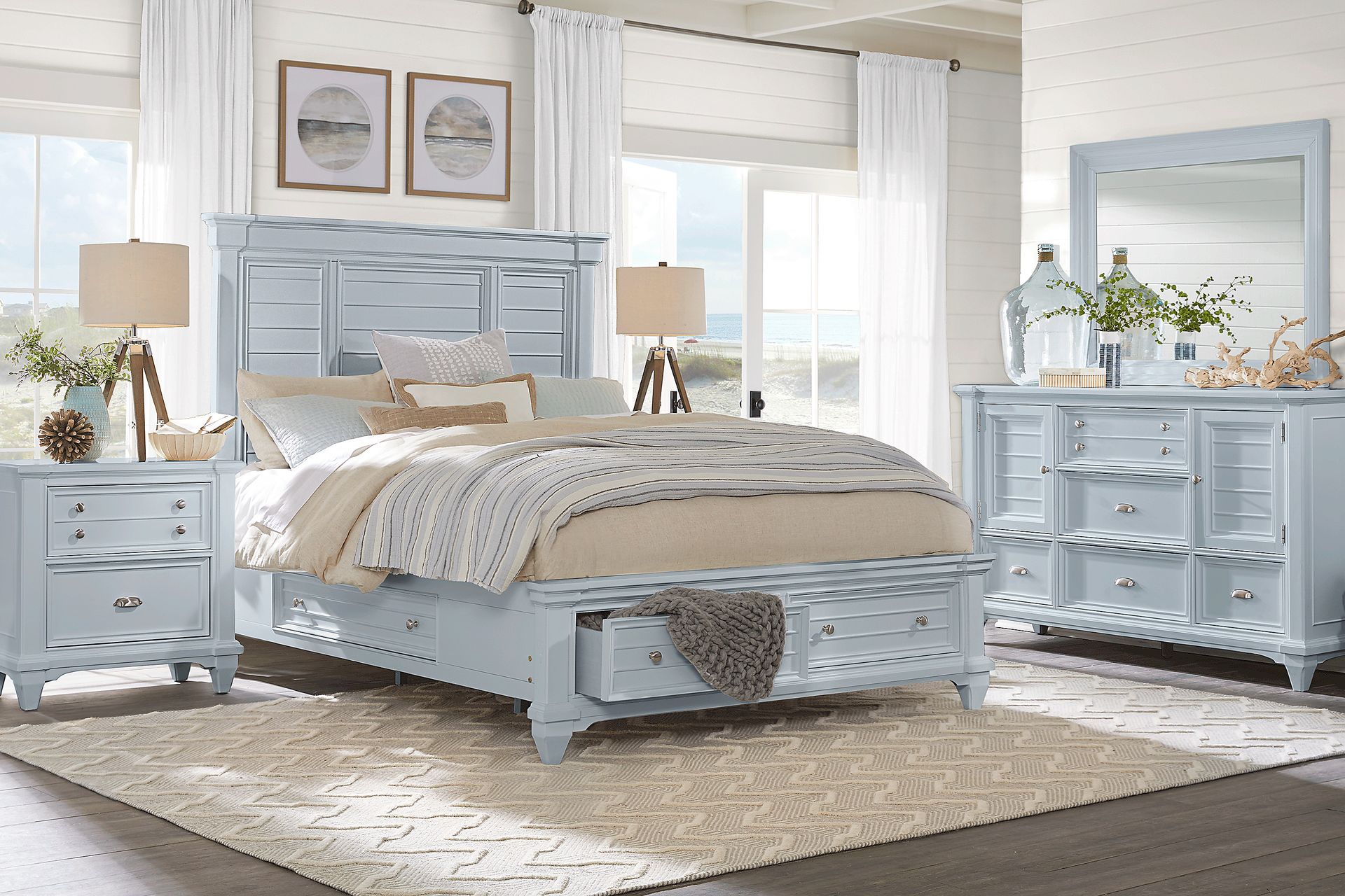Hilton Head 5 Pc Blue Colors Queen Bedroom Set With Door Dresser ...