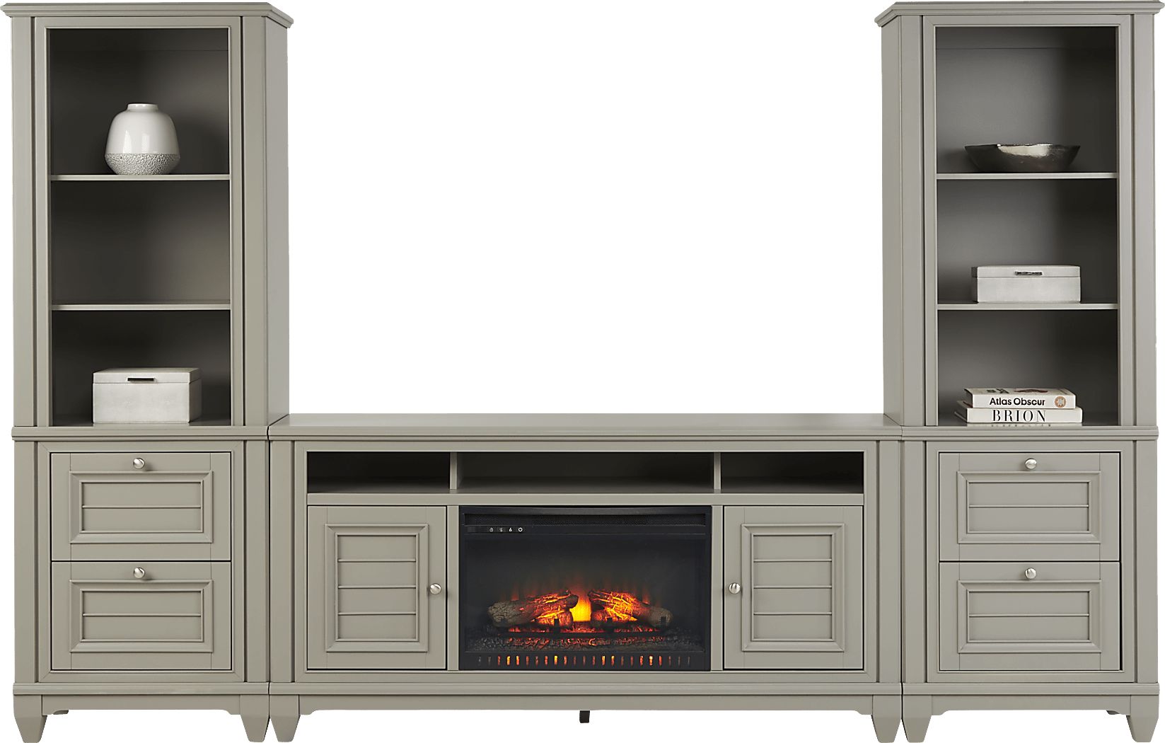 Hilton Head Gray 4 Pc Wall Unit with 66 in. Console and Electric Log ...