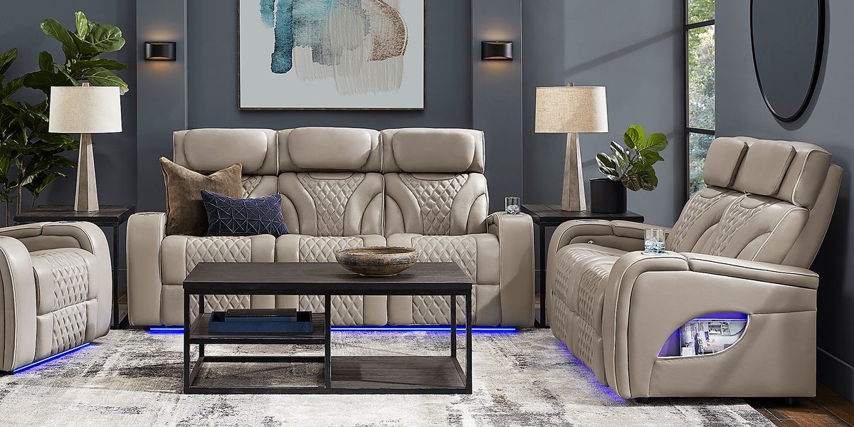 Horizon Ridge Beige Leather Triple Power Reclining Sofa | Rooms to Go
