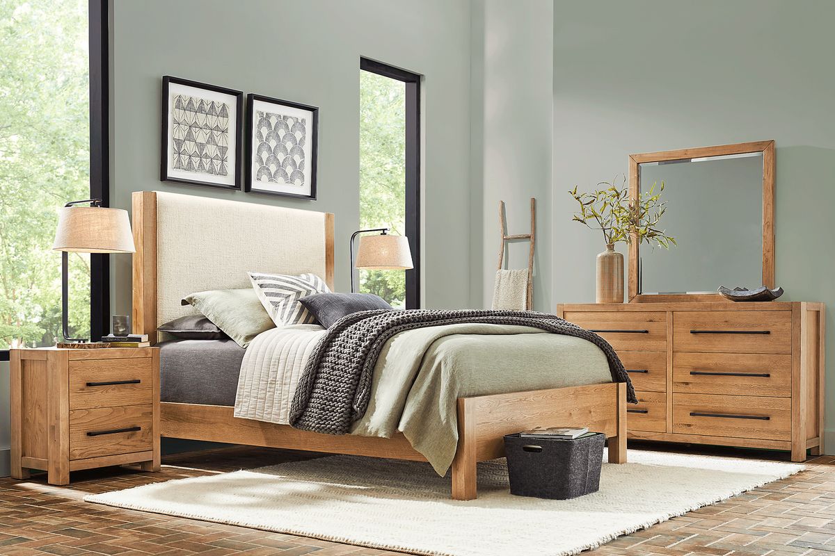Ithaca 7 Pc Natural Light Wood King Bedroom Set With 6 Drawer Dresser ...