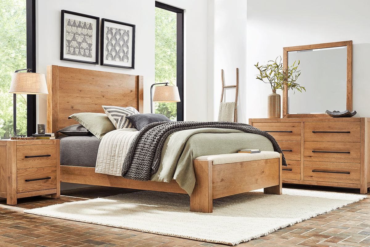 Ithaca 7 Pc Natural Light Wood Queen Bedroom Set With 6 Drawer Dresser ...