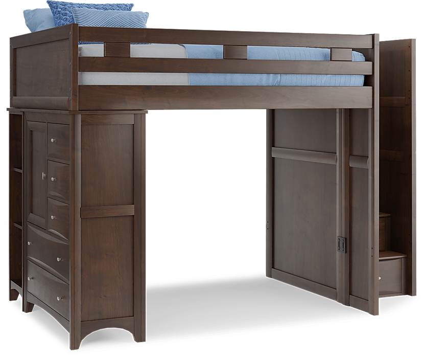 Ivy League 2.0 Walnut Dark Wood Full Step Loft With Chest And Bookcase ...