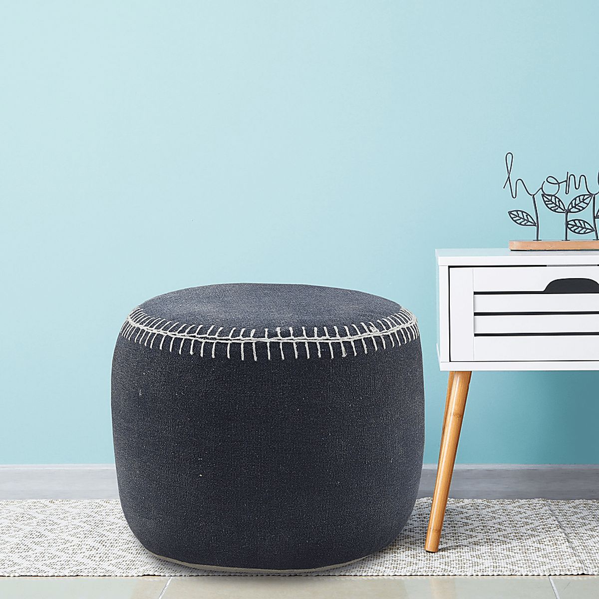 Jozette Navy Blue Cotton Fabric Poufs | Rooms to Go