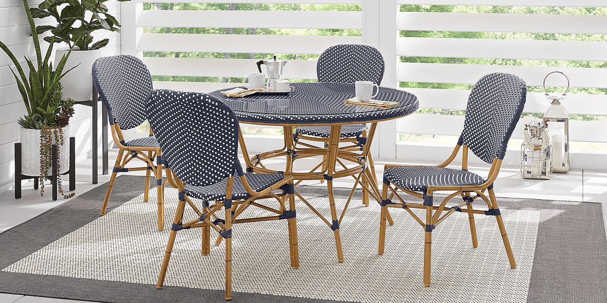 Juliette 5 Pc Wicker Blue Outdoor Dining Set With Side Chair, Round ...