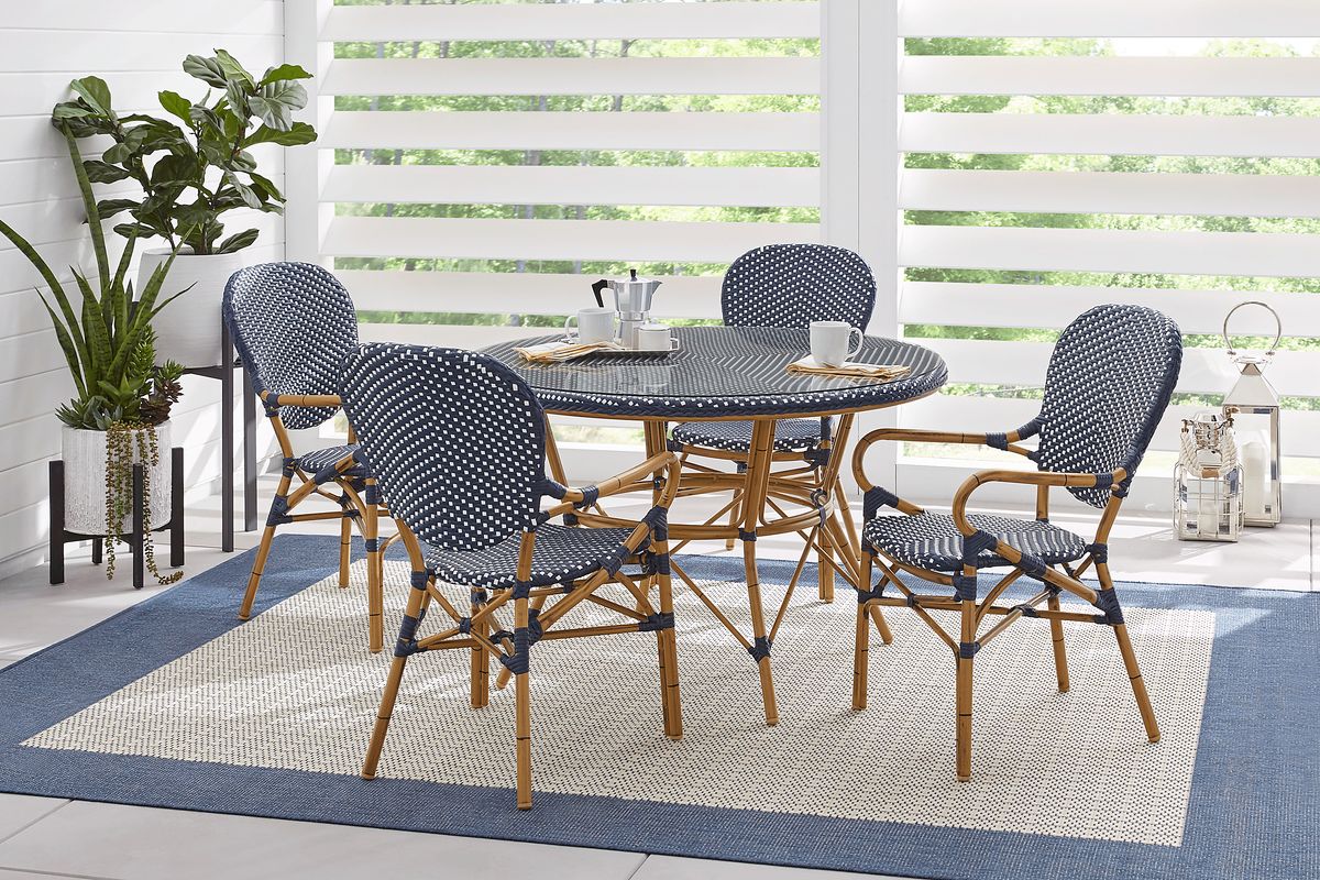 Juliette 5 Pc Wicker Blue Outdoor Dining Set With High Back Arm Chair ...