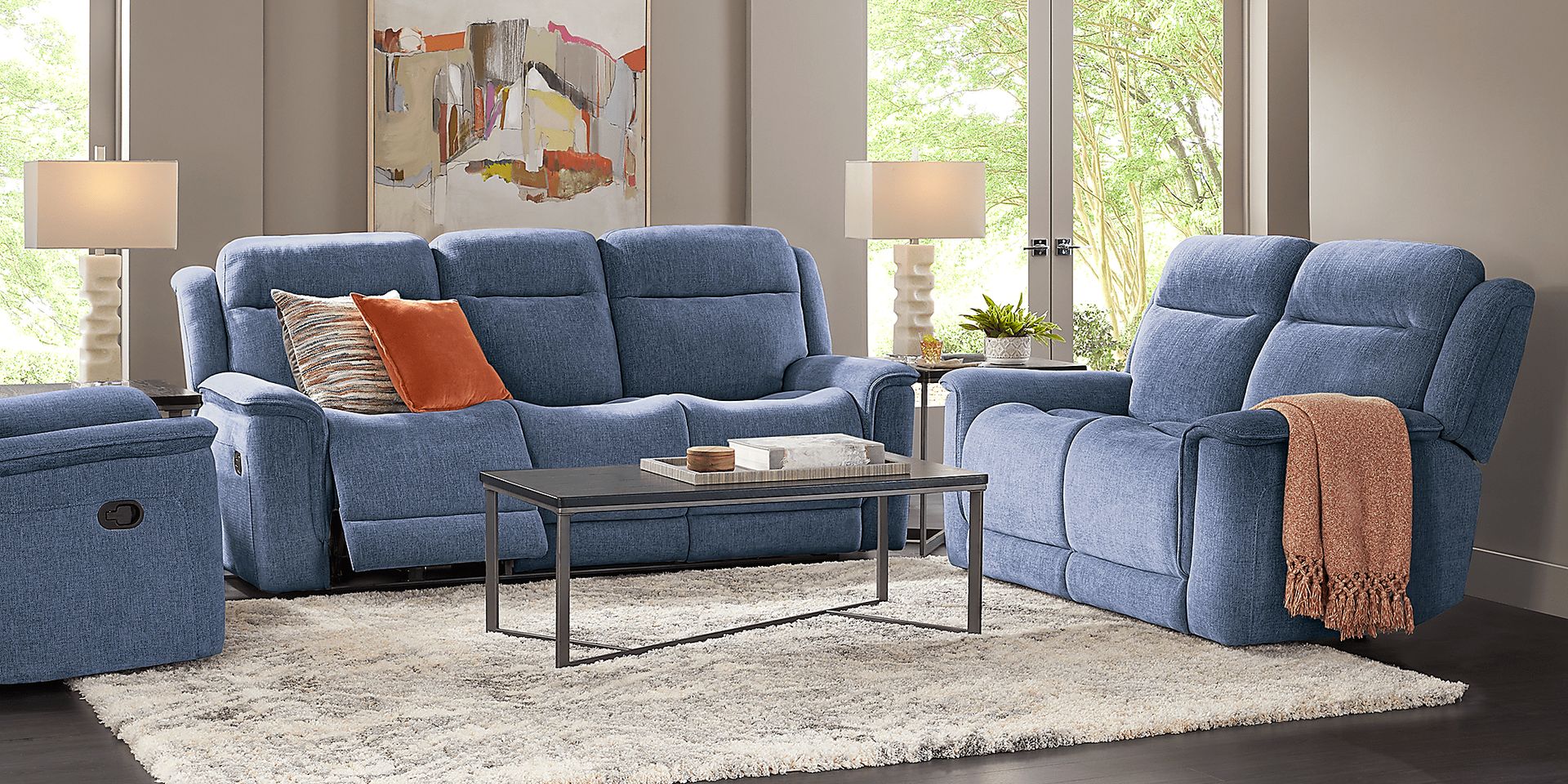 Kamden Place Cobalt Blue Polyester Fabric Non-Power Reclining Sofa ...