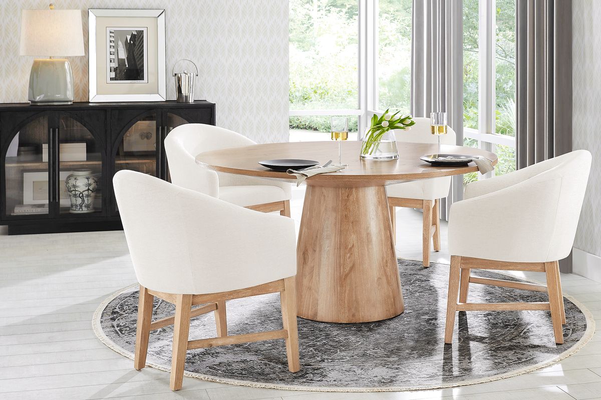 Kendall 5 Pc Natural Light Wood White Dining Room Set With 59" Dining ...