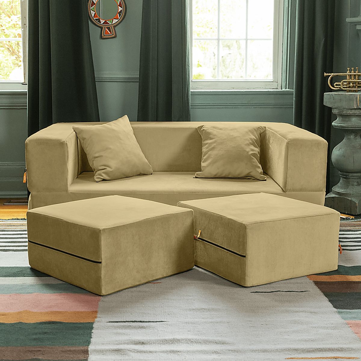 Alfy Camel Brown Velvet Plush Loveseat And Ottoman Set | Rooms to Go