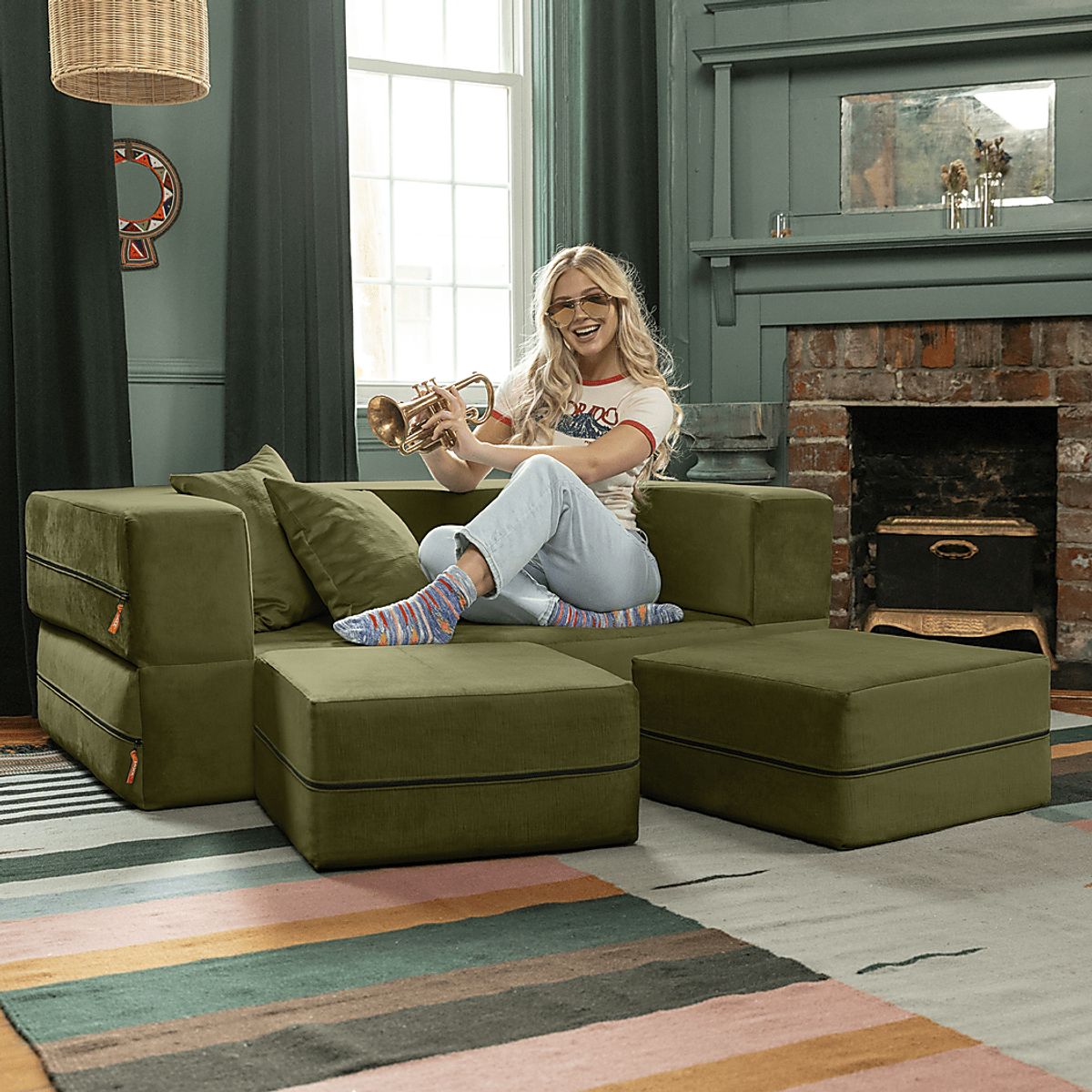 Alfy Green Velvet Plush Loveseat And Ottoman Set | Rooms to Go