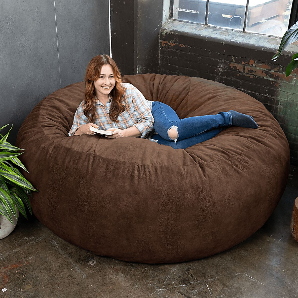 Aniline I Brown Polyester,Polyurethane Fabric 6 Foot Bean Bag | Rooms to Go