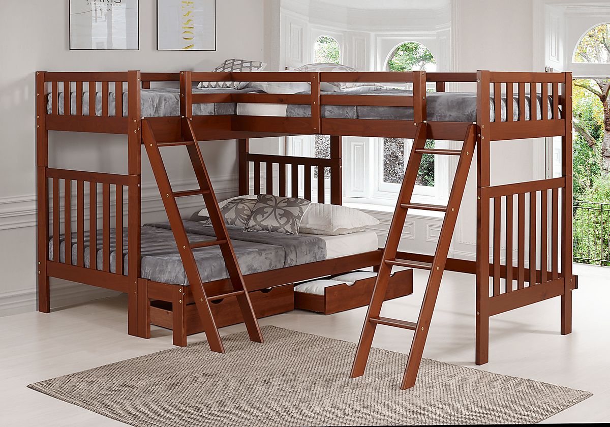 Athabrook Chestnut Dark Wood Twin/Full Tri-Bunk Bed With Storage ...