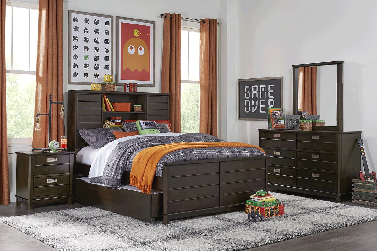 Bay Street 5 Pc Charcoal Gray Full Bedroom Set With 3 Pc Full Bookcase ...