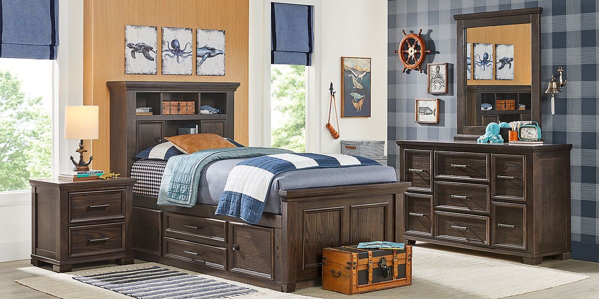 Canyon Lake 3 Pc Java Dark Wood Twin Bookcase Bed With Storage Rail ...