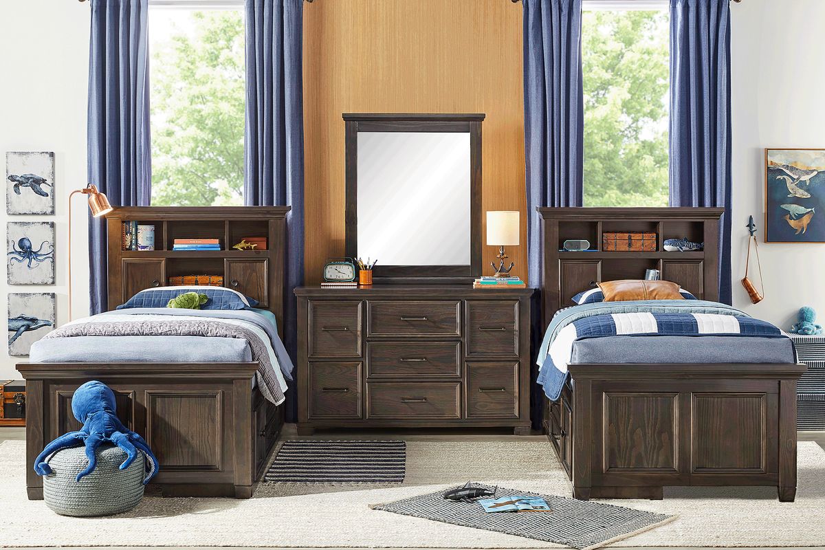 Canyon Lake 8 Pc Java Dark Wood Twin Bedroom Set With Mirror, Twin Bookcase Bed, Dresser | Rooms ...