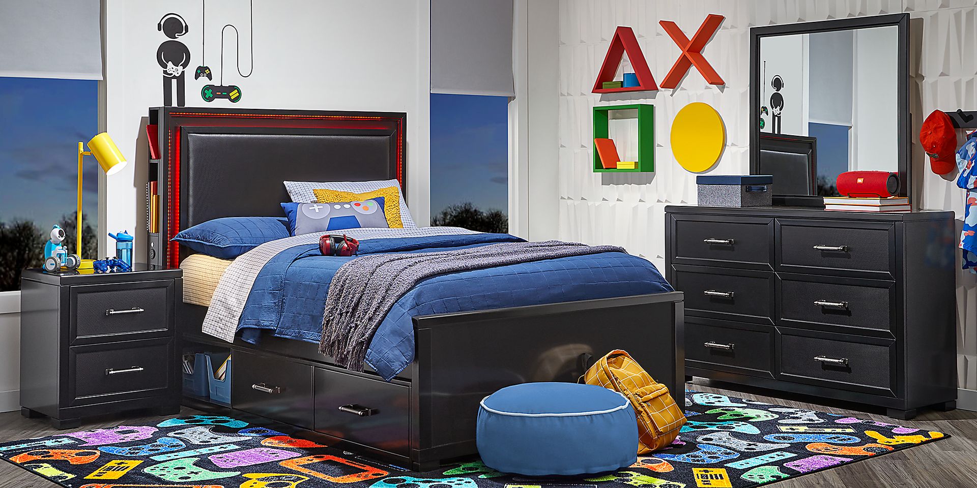 Carbon Optix 4 Pc Black Black,Colors Full Bed With Reversible Storage ...