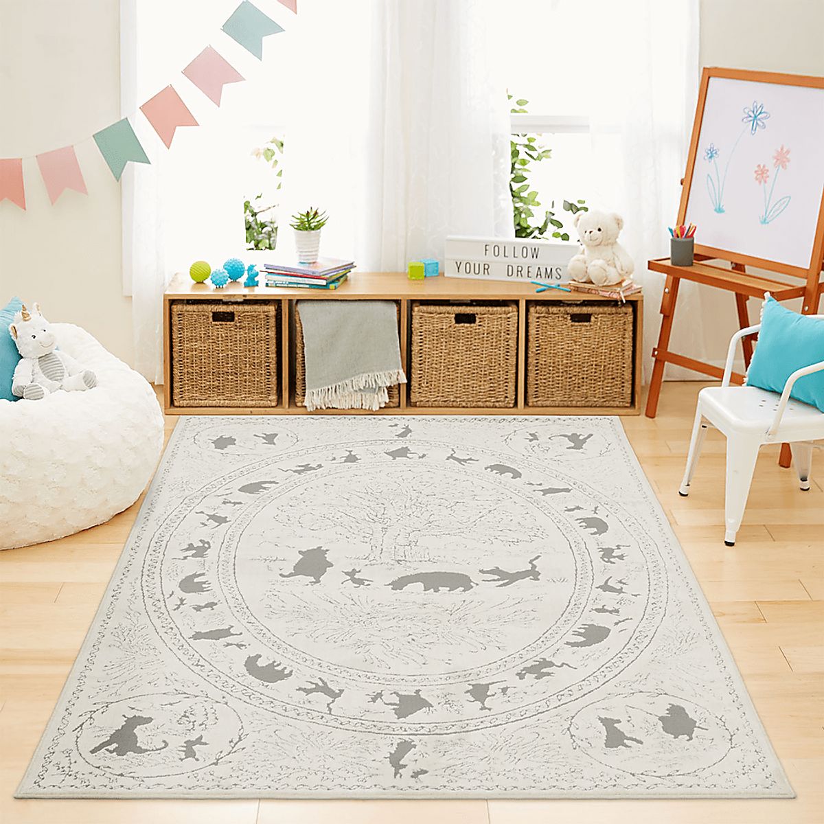 Winnie The Pooh Story Time Gray,White 8x10 Rug | Rooms to Go