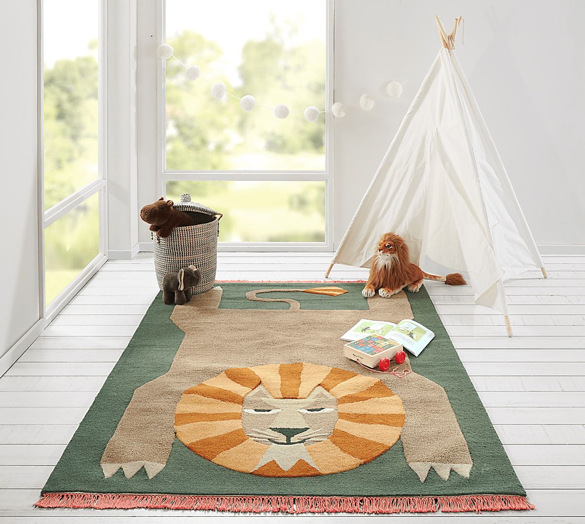 Fierce Lion Green Wool Fabric Rug | Rooms to Go