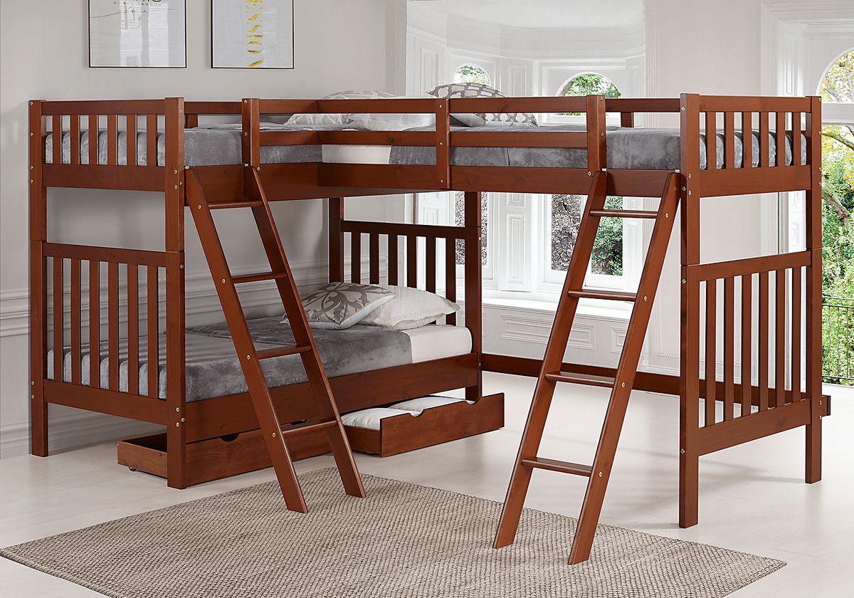 Hartlams Chestnut Dark Wood Twin Tri-Bunk Bed With Storage | Rooms to Go