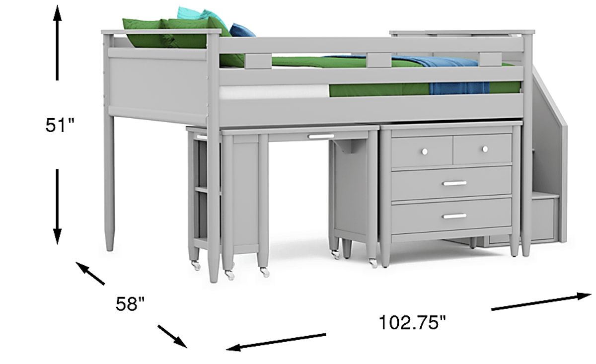 Modern Colors Light Gray Full Step Low Loft With Chest & Desk | Rooms to Go