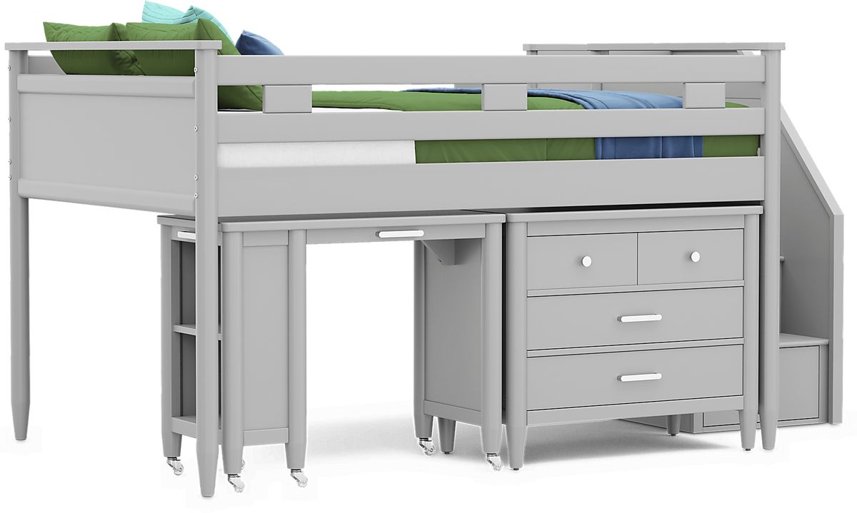 Modern Colors Light Gray Full Step Low Loft With Chest & Desk | Rooms to Go