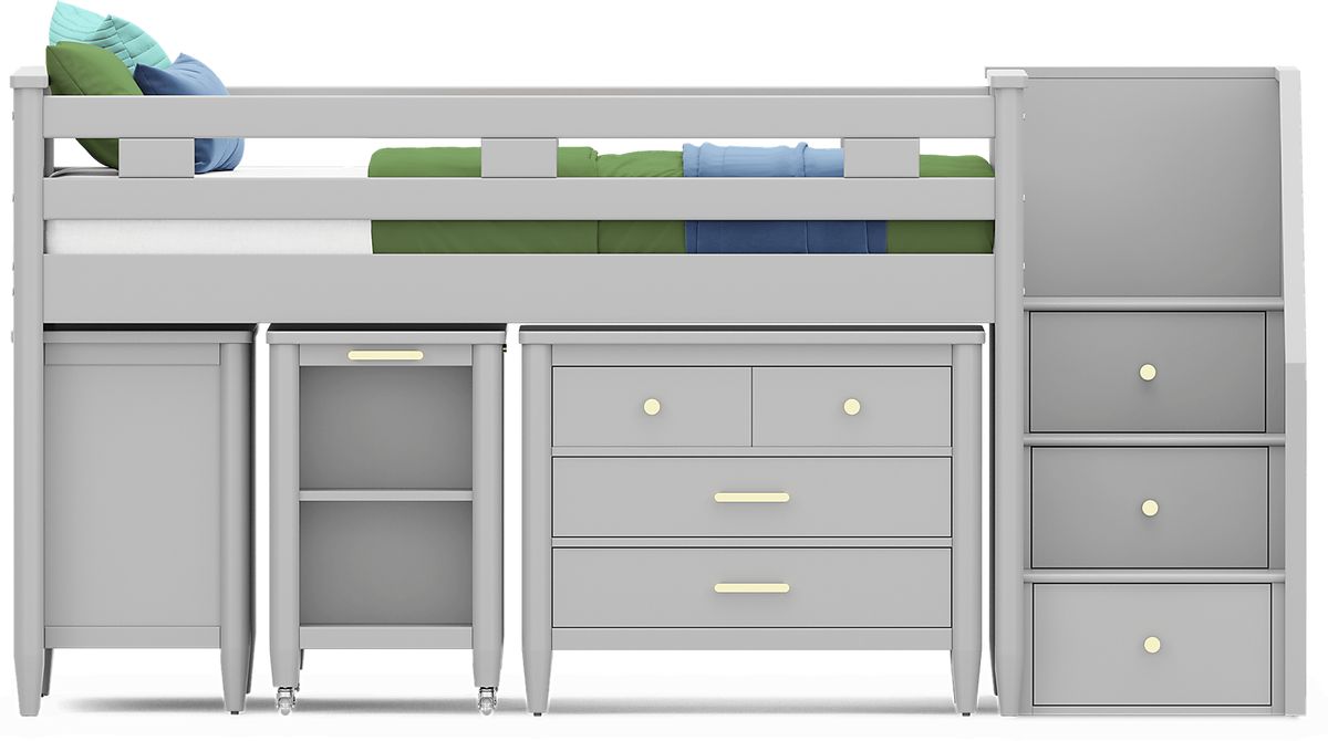 Modern Colors Light Gray Twin Step Loft With Chest, Bookcase & Desk ...