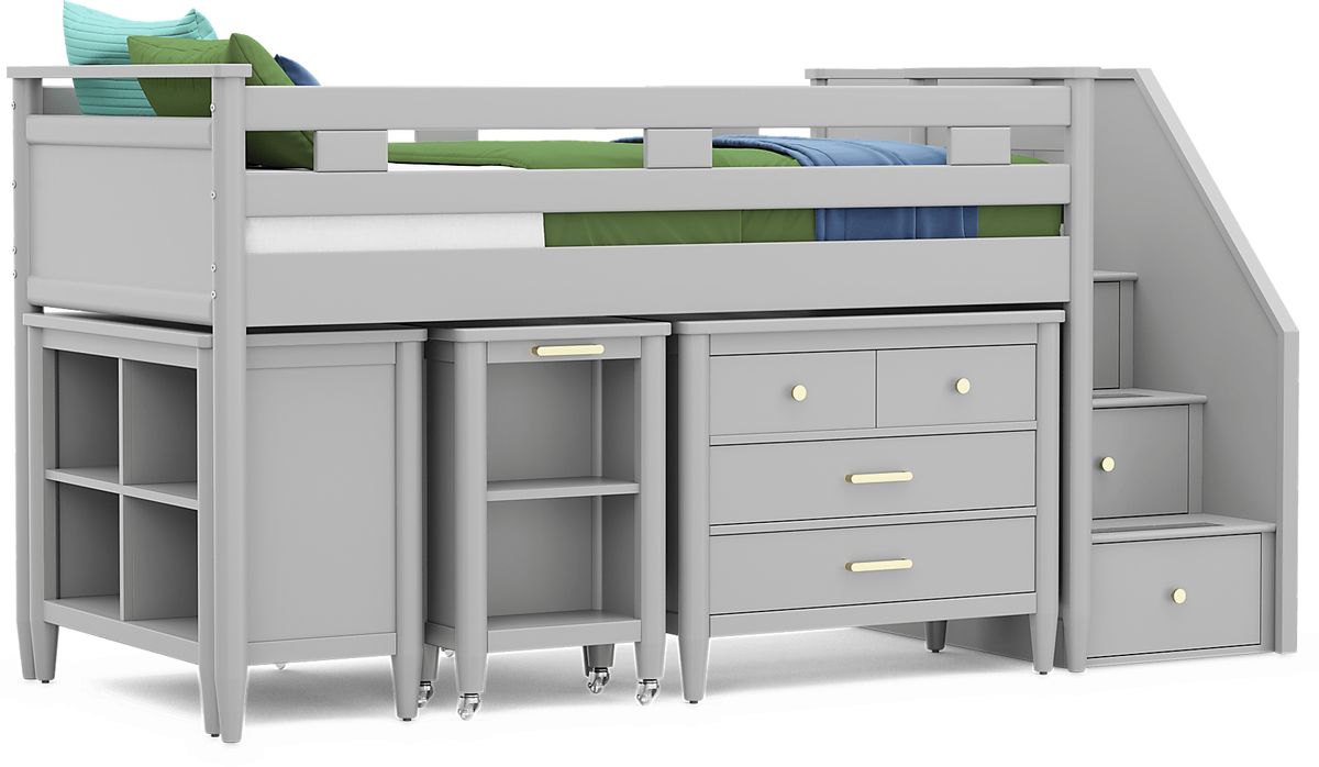 Modern Colors Light Gray Twin Step Loft With Chest, Bookcase & Desk ...