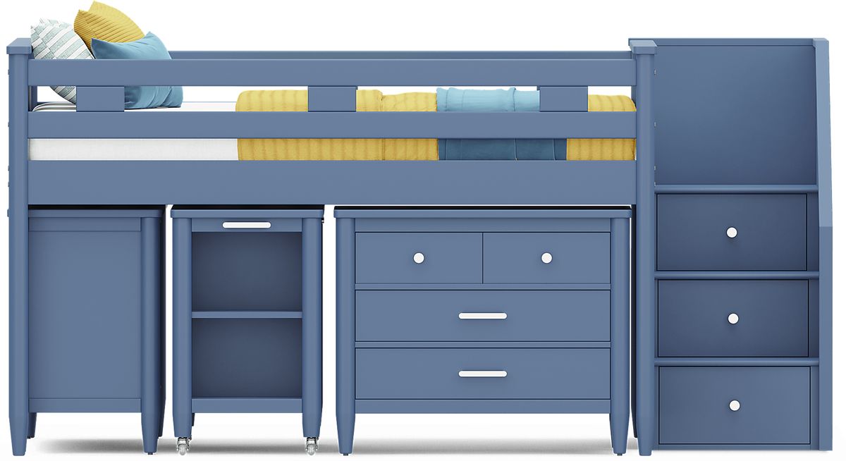 Modern Colors Slate Blue Full Step Loft With Chest, Bookcase & Desk ...