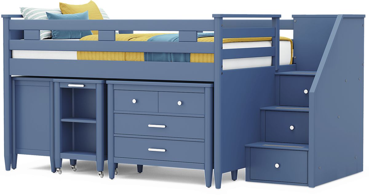 Modern Colors Slate Blue Full Step Loft With Chest, Bookcase & Desk ...
