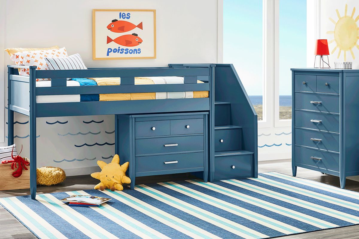 Modern Colors Slate Blue Full Step Low Loft With Chest | Rooms to Go