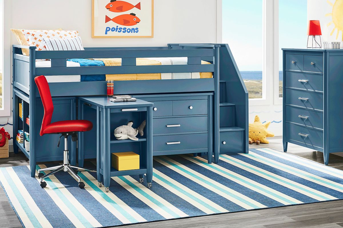 Modern Colors Slate Blue Twin Step Loft With Chest, Bookcase & Desk ...