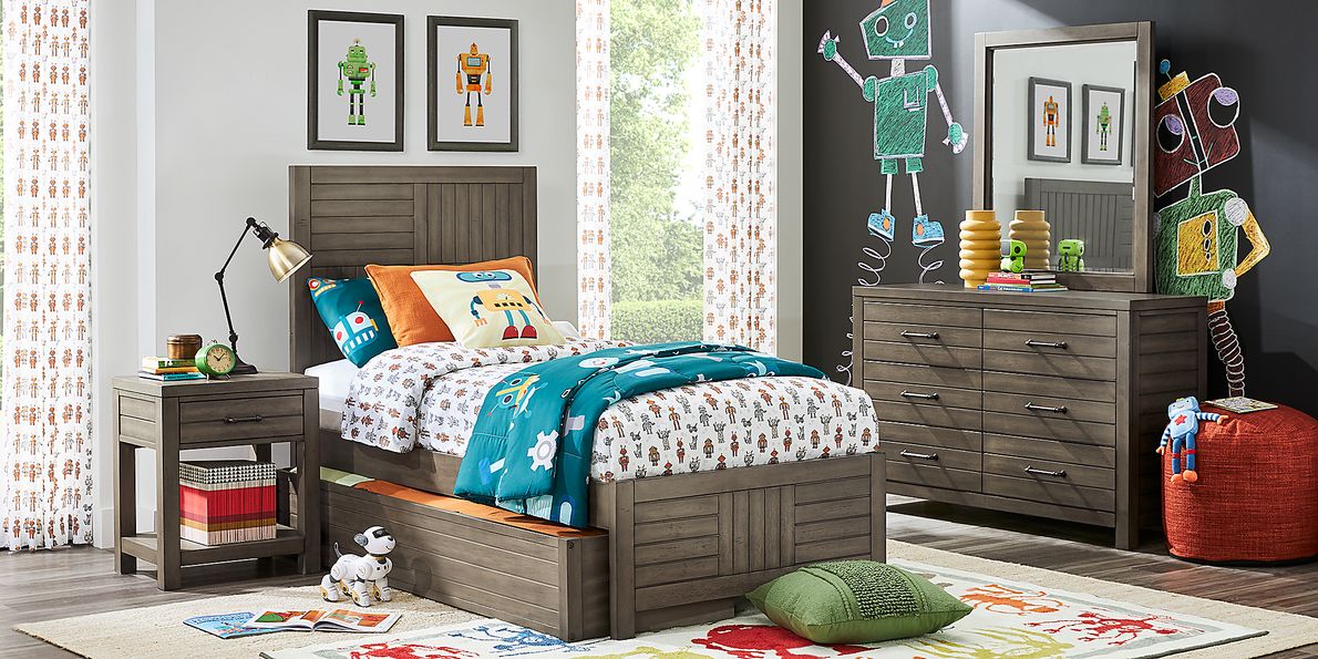 Morgan Mills 5 Pc Aged Barnwood Twin Bedroom Set With Mirror, 3 Pc Twin ...