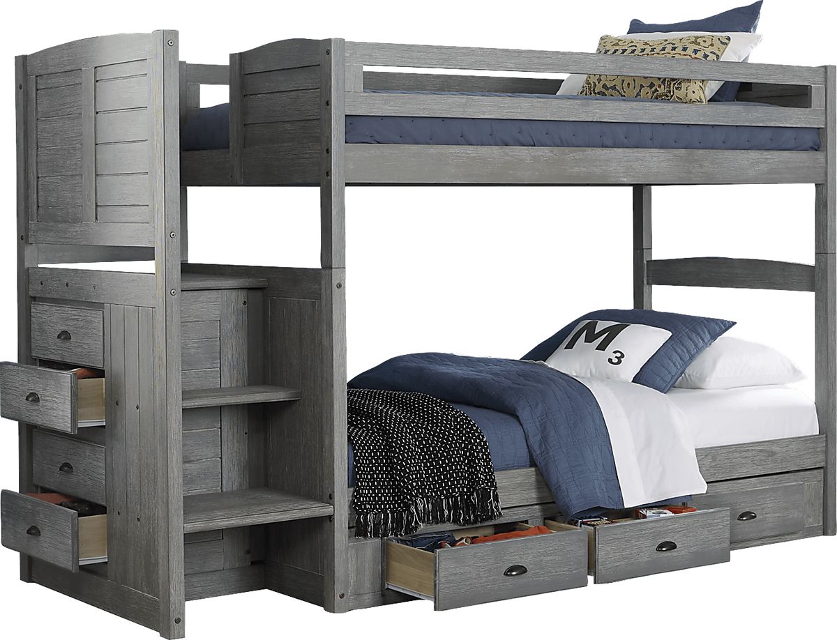 Portside Gray Twin/Twin Step Bunk Bed With Storage | Rooms to Go