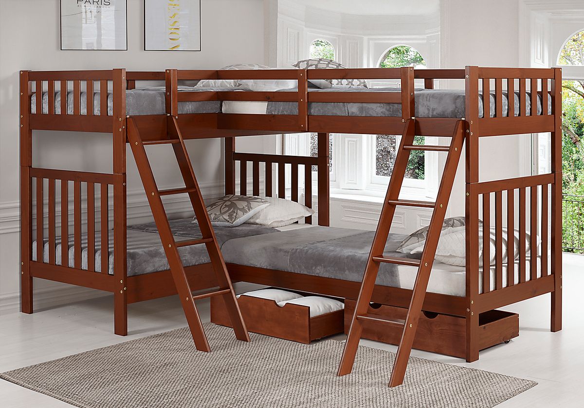 Romvern Chestnut Dark Wood Twin Quad Bunk Bed | Rooms to Go