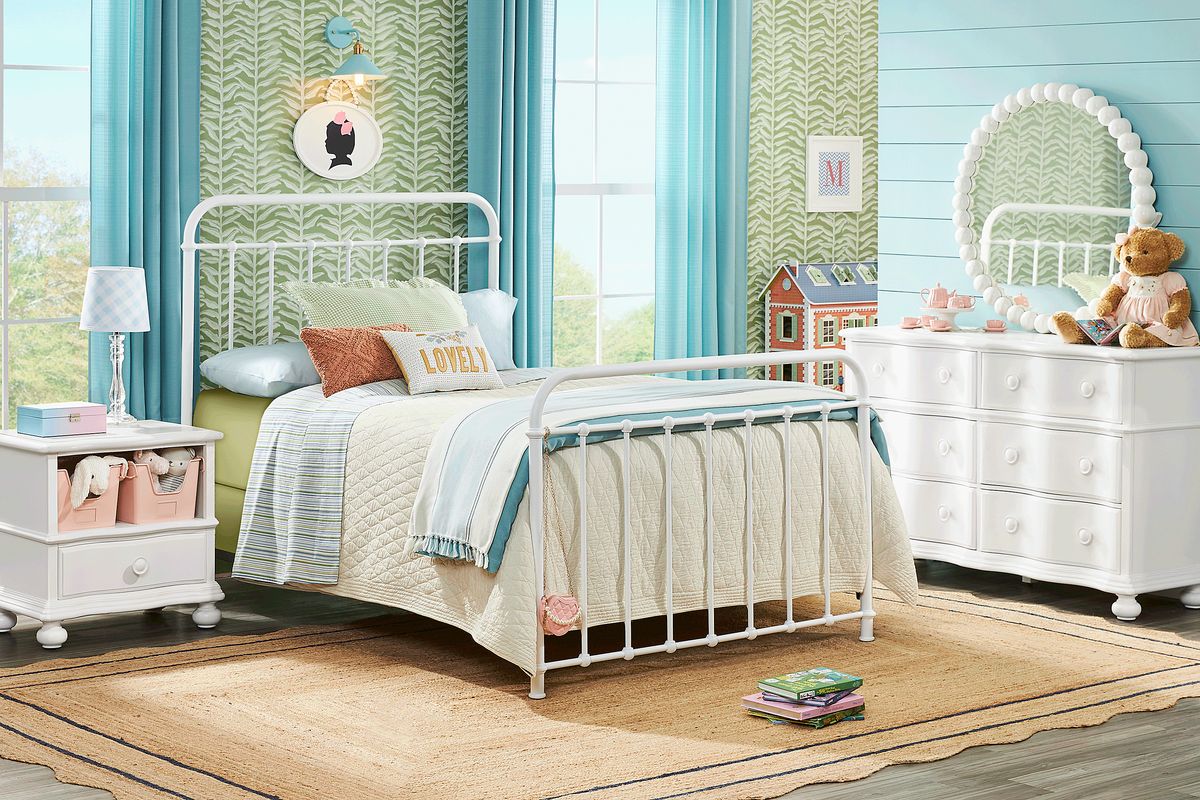 San Simeon 5 Pc White Full Bedroom Set With Dresser, Round Mirror, Full ...