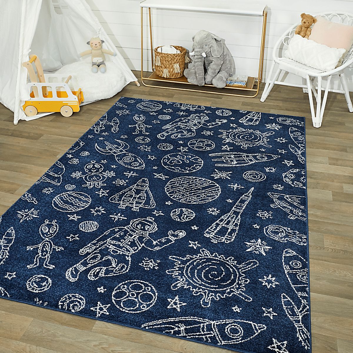Space Rockets Blue Polypropylene Fabric Rug | Rooms to Go