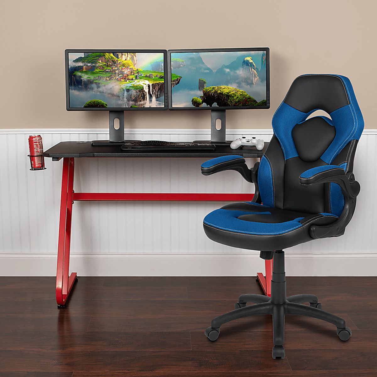 Turole Red Colors Blue Gaming Desk And Chair Set | Rooms to Go