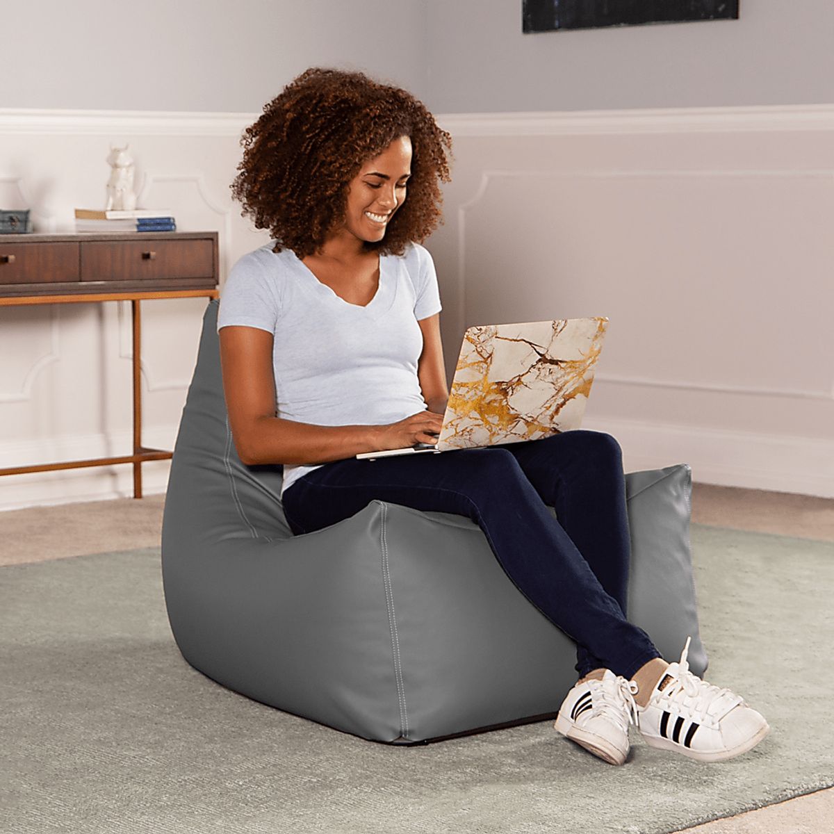 Wilfy Gray Vinyl Fabric Bean Bag Chair | Rooms to Go