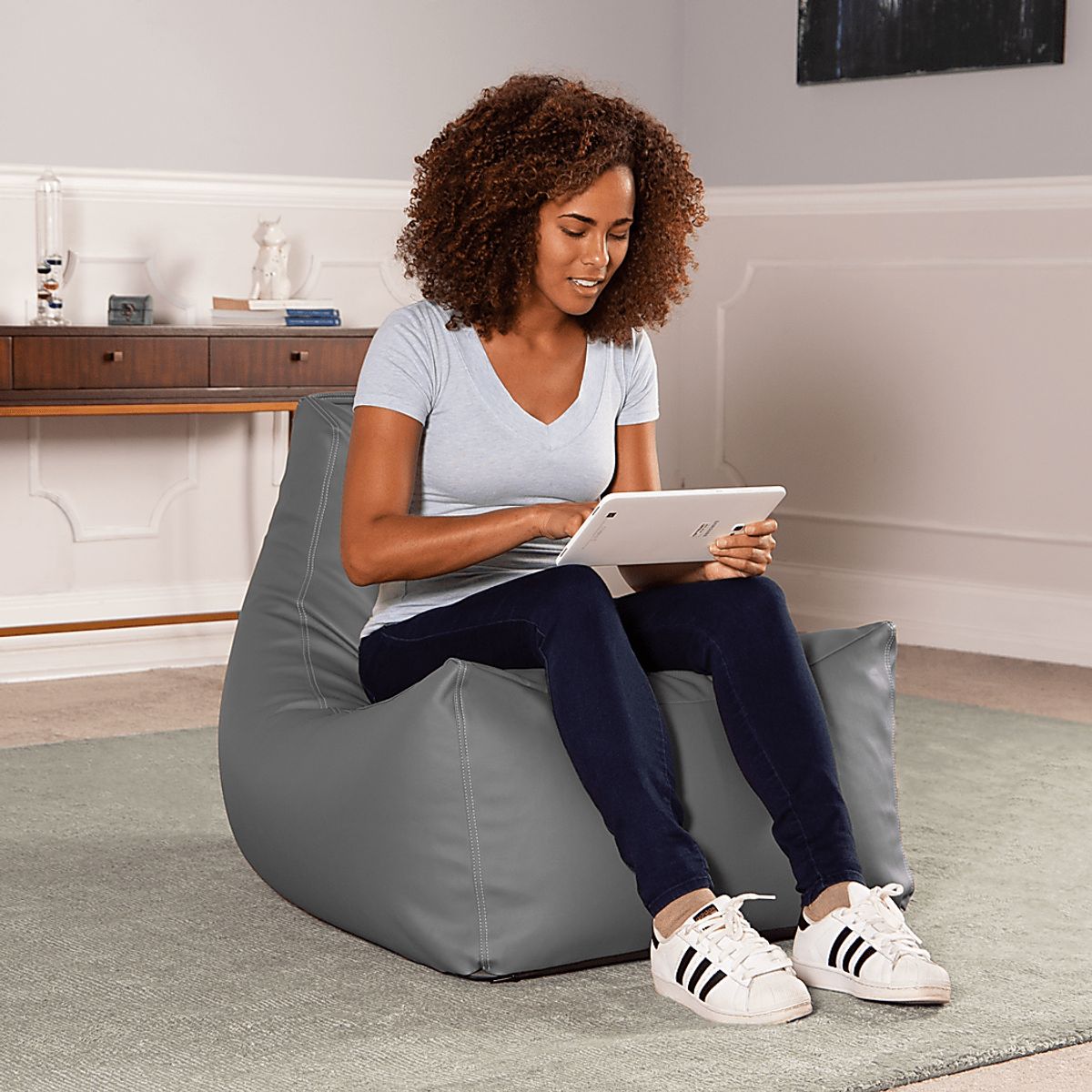 Wilfy Gray Vinyl Fabric Bean Bag Chair | Rooms to Go