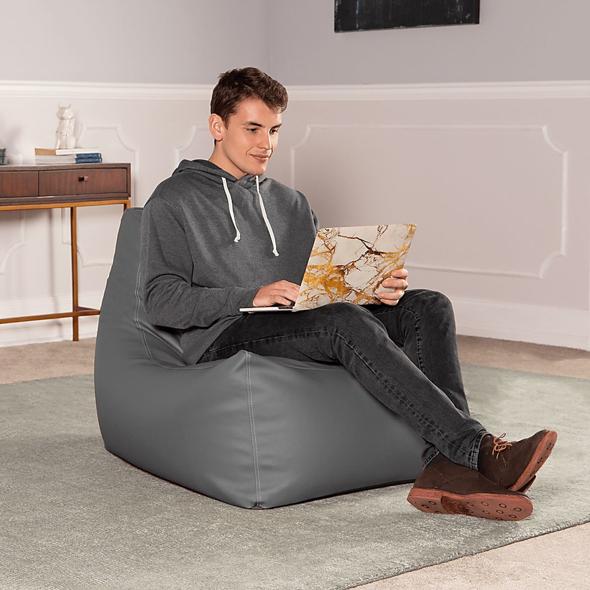 Wilfy Gray Vinyl Fabric Bean Bag Chair | Rooms to Go