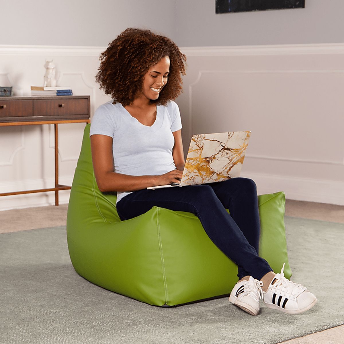 Wilfy Green Vinyl Fabric Bean Bag Chair | Rooms to Go