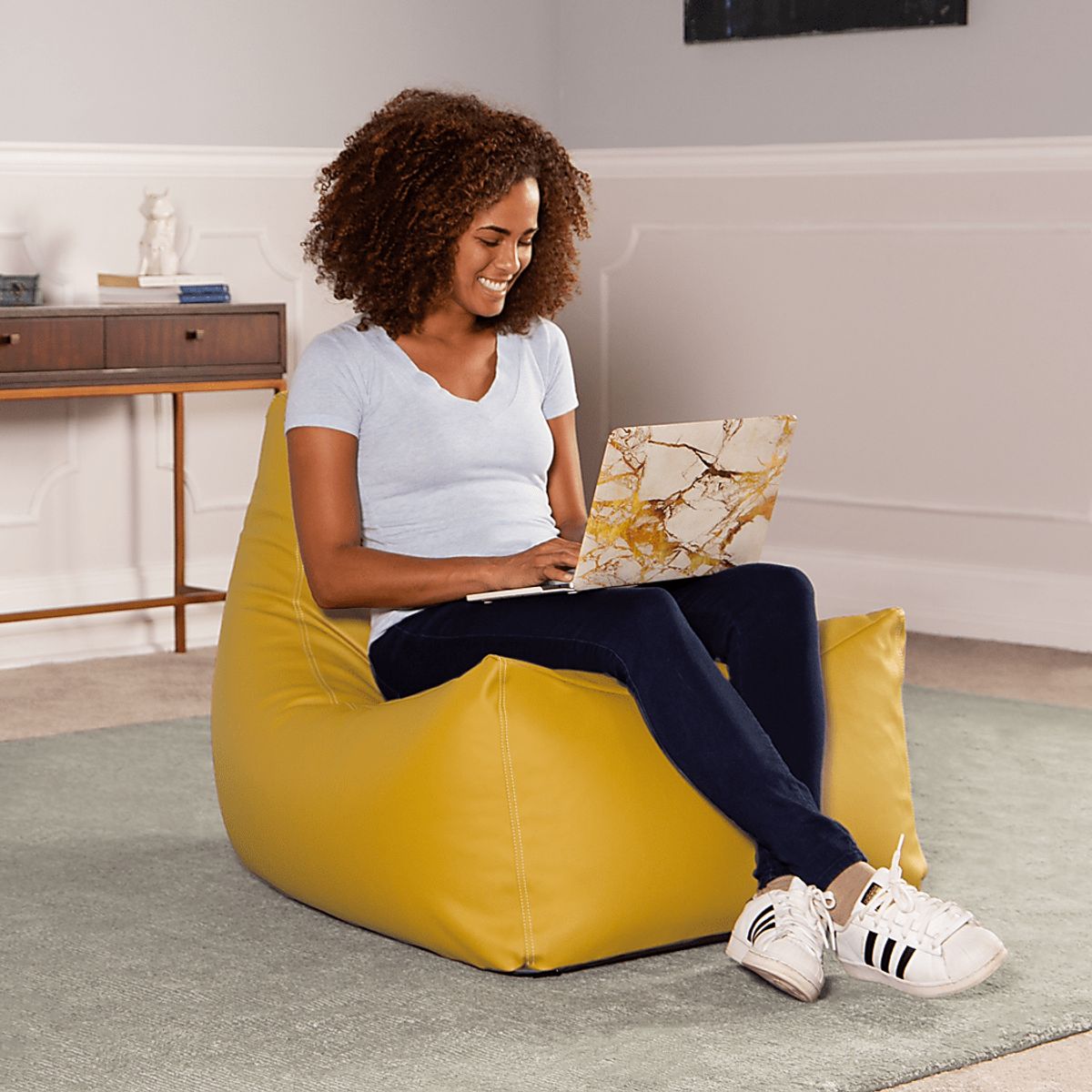 Wilfy Yellow Vinyl Fabric Bean Bag Chair | Rooms to Go