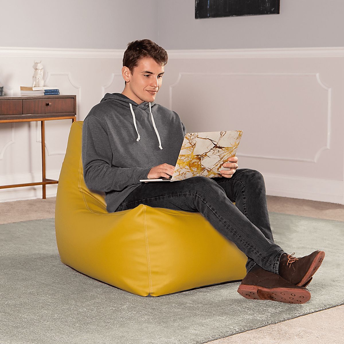 Wilfy Yellow Vinyl Fabric Bean Bag Chair | Rooms to Go