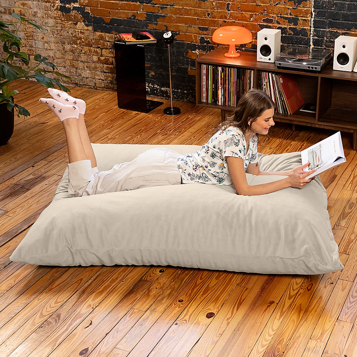 Kimna I Ivory Beige Velvet Plush Bean Bag Rocker | Rooms to Go