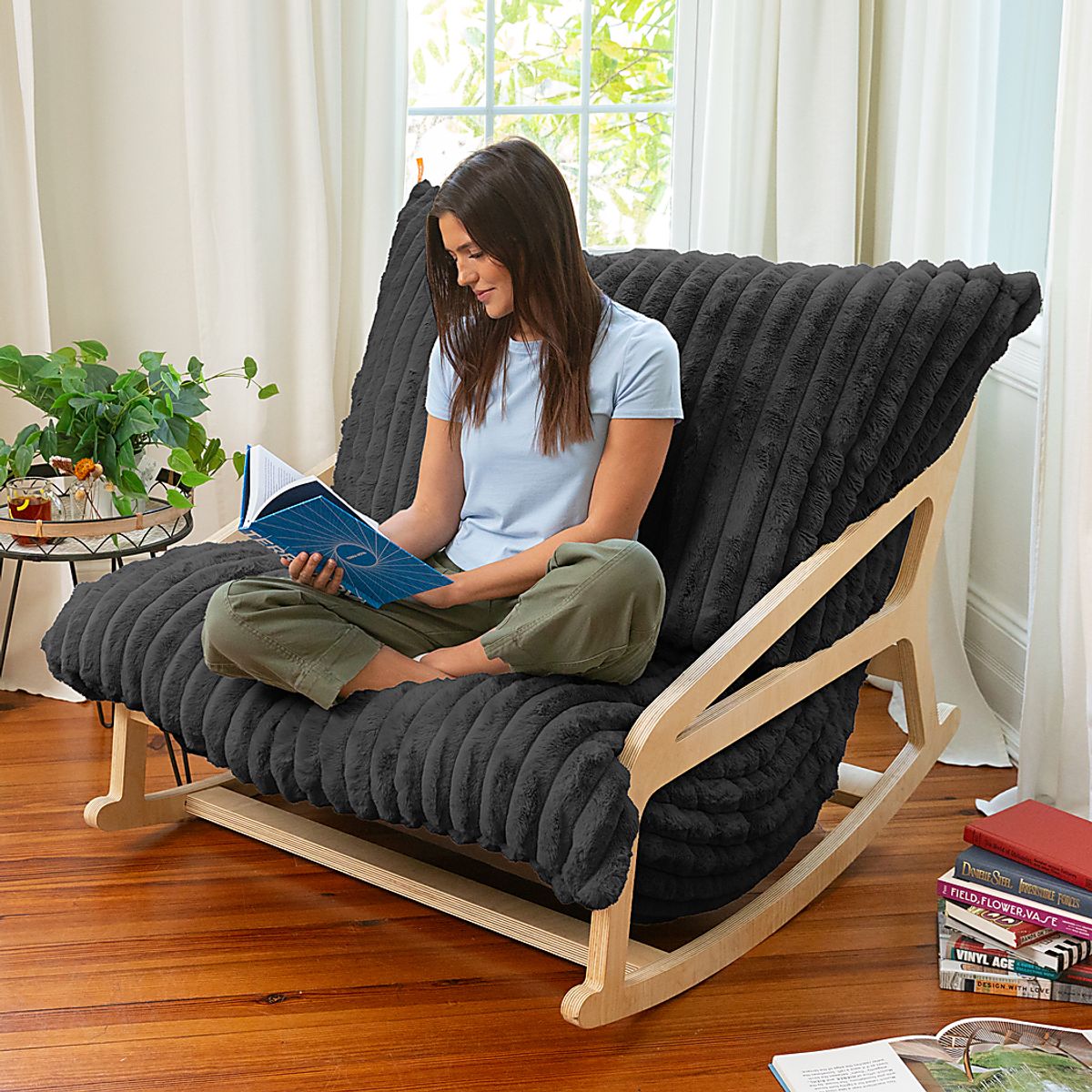 Kimna II Black Polyester Fabric Bean Bag Rocker | Rooms to Go
