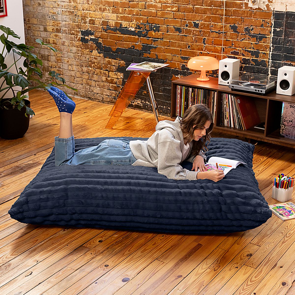 Kimna II Midnight Blue Polyester Fabric Bean Bag Rocker | Rooms to Go