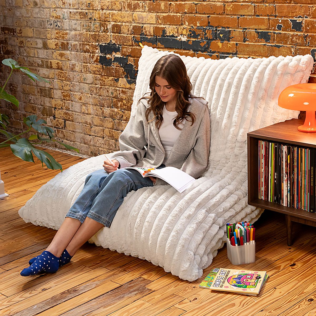 Kimna II Ivory Beige Polyester Fabric Bean Bag Rocker | Rooms to Go